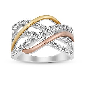 Jewelili Sterling Silver with 10K Rose and Yellow Gold 1.5MM and 1.7MM Round Created White Sapphire Engagement Ring, Size 7