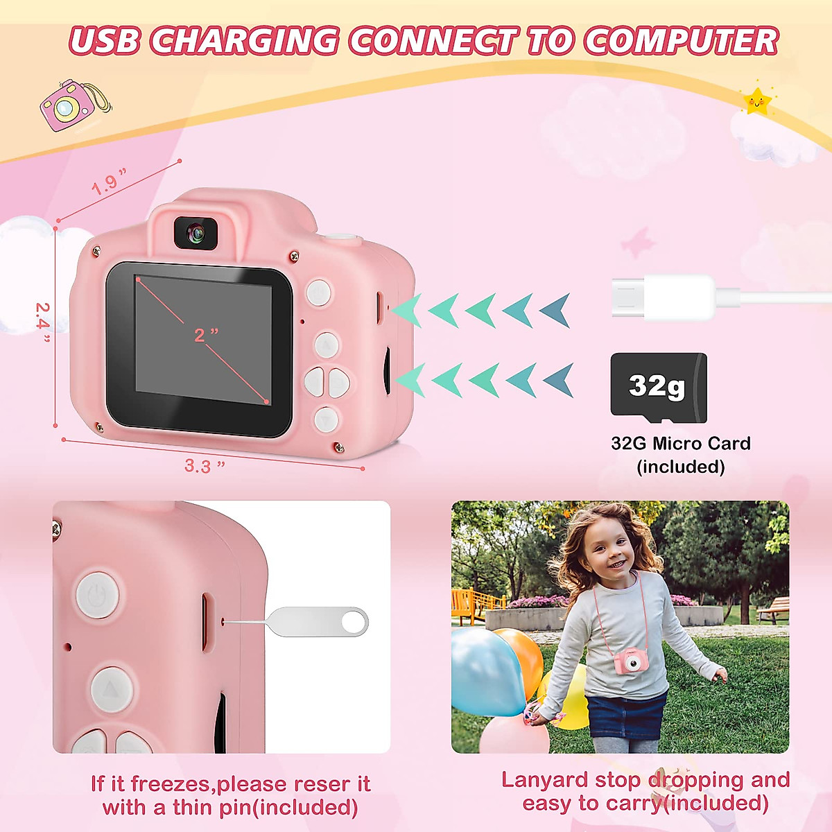 Kids Camera, Camera for Kids Boys Girls, Kids Digital Camera Toys for 6 7 8 9 Year Old Girls, HD Digital Video Cameras for Toddler, Christmas Birthday Gifts for Boys with 32GB SD Card-Pink