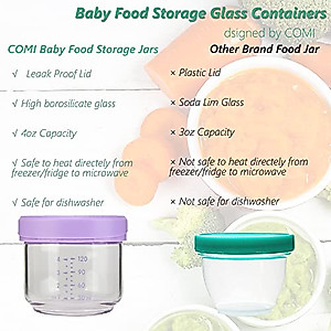 Glass Baby Food Storage Containers COMI Reusable 4OZ Baby Food Jars with Food Grade Plastic Lids, Pack of 6, Microwave/Dishwasher Friendly