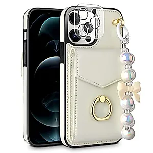 HianDier for iPhone 12 Pro MAX 6.7-inch Wallet Case with Bracelet Chain + Camera Lens Protector, with RFID Blocking Card Holder 360° Rotation Ring Stand Kickstand Protective PU Leather Cover, Beige
