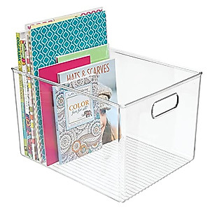 mDesign Plastic Bin Storage Organizer Basket Container with Handle for Home Office, Kitchen Cabinet, Pantry Shelf Organization - Holds Notebook, Books, Food, Ligne Collection - Clear