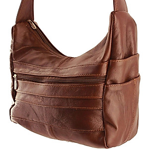 Women's Leather Medium Cross Body Purse Shoulder Ladies Handbag with Many Pockets (Brown)