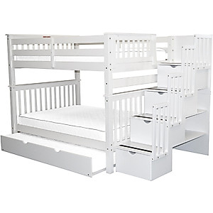 Bedz King Stairway Bunk Beds Full over Full with 4 Drawers in the Steps and a Full Trundle, White