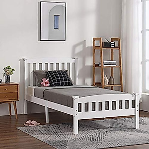 Twin Bed Frame with Headboard Wooden Platform Bed with Wood Slat Support Single Platform Bed with Wood Slat Solid Wood Foundation No Box Spring Needed
