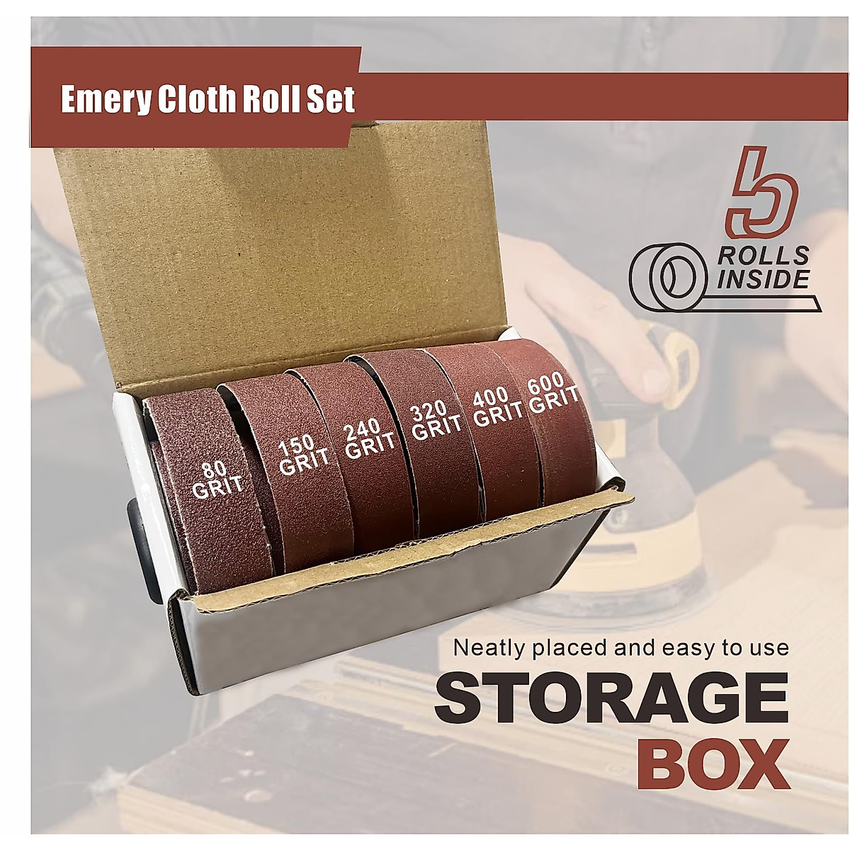 Emery Cloth Roll, 6 Grits Abrasive Sandpaper Rolls Assorted Sand Paper for Woodworking Automotive Metal Polishing, 80 150 240 320 400 600 Grits Per Roll 6 Meters