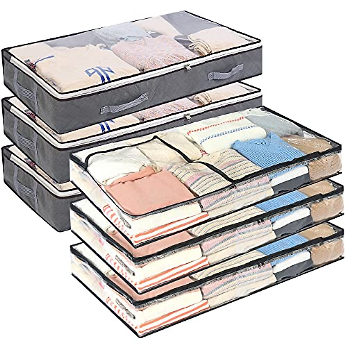 Vieshful 3 Pack 75L Grey Underbed Storage Bags and 3 Pack 75L Clear Underbed Containers，Large Capacity Clothing Organizers for Bedding Blanket Comforter Quilt