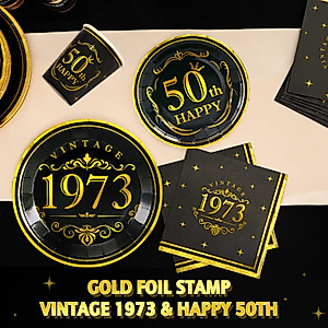 50th Birthday Party 122 PCS Plates Forks Cups Napkins and Tablecloths - Disposable Paper Dinnerware Set Women Men Vintage 1973 Party 50 Years Old Retirement Party Tableware Serves 24 Guests