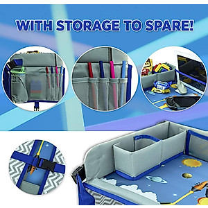 Thr33E Car Seat Kids Travel Tray - Travel Lap Desk Active Accessory for Child’s - Kids Tablet iPad Holder Stand Art Storage Pockets (Blue)