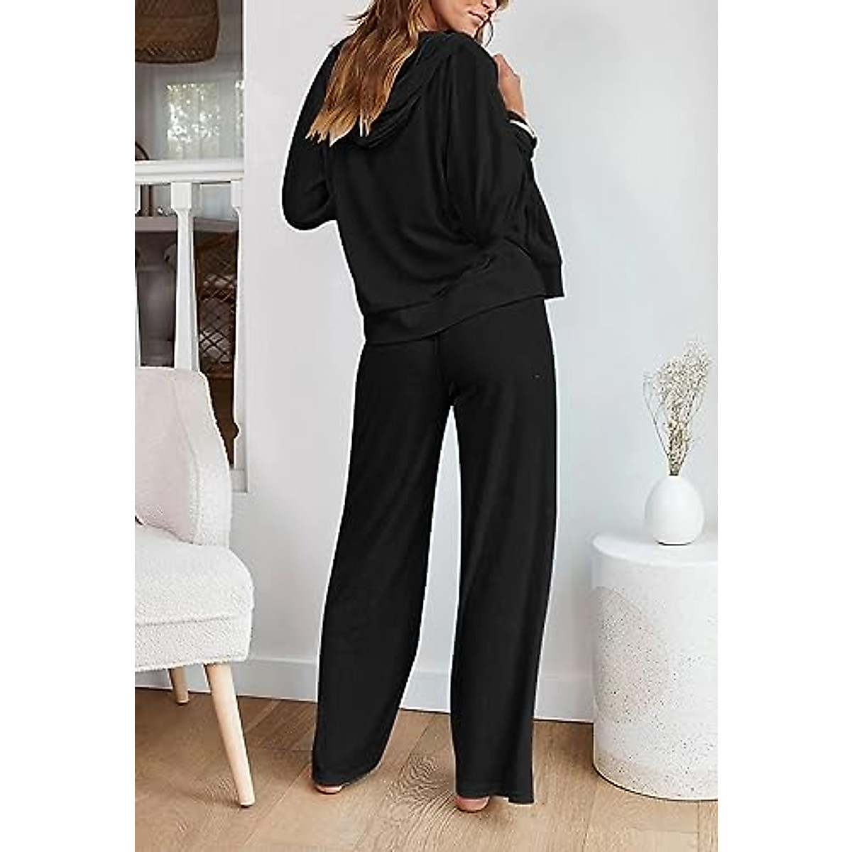 Kisscynest Women's 2 Piece Outfits Lounge Set Zip Up Hoodies High Waist Wide Leg Pants Sweatsuit Black L