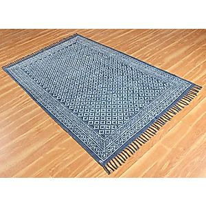 Indigo Blue Rug for Bathroom Handmade Cotton Durries Boho Kilim Rug Flat Weave Indoor Floor Decorative Rugs for Balcony Lounge Floor Bedroom Balcony