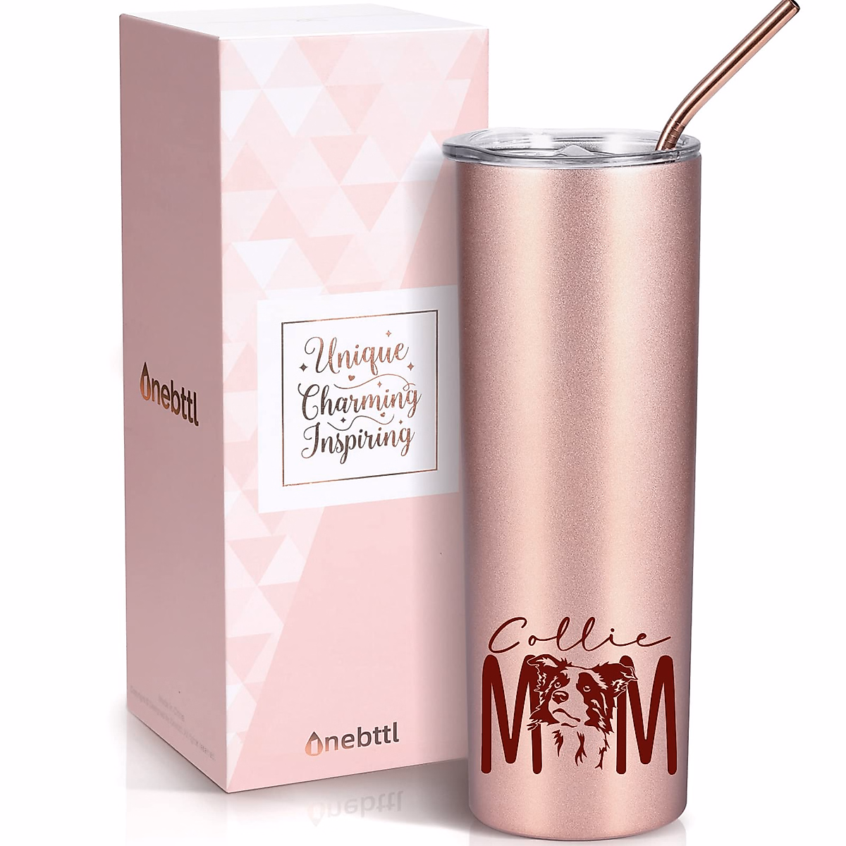 Onebttl Dog Mom Gifts, Dog Lover Gifts for Women, Best Dog Mom Ever, 20 oz Rose Gold Insulated Tumbler - Border Collie Mom