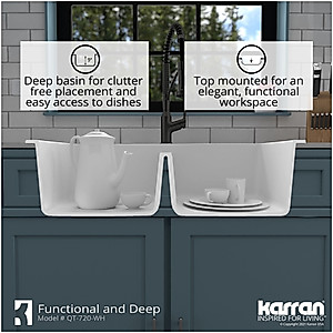Karran QT-720 Drop-In Quartz Composite 34 in. 1-Hole 50/50 Double Bowl Kitchen Sink Kit in White