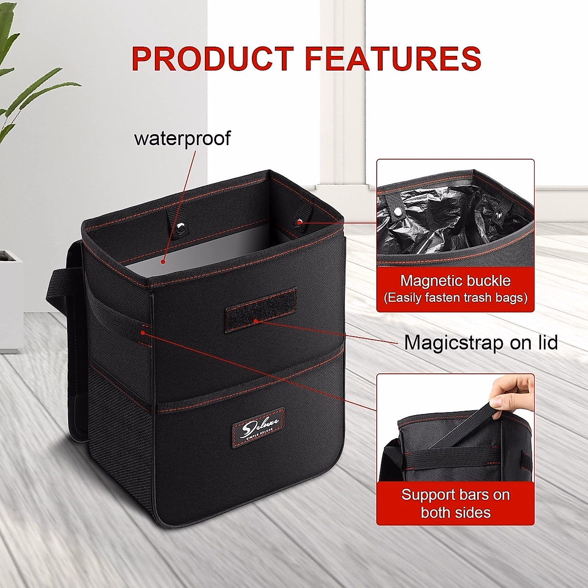 Simple Deluxe Car Trash Can with Lid and Storage Pocket, Leak-Proof Car Garbage Can with Adjustable Strap, Collapsible Portable and Waterproof Trash Bag, 2 Gallon, 8.2" L x 5.5" W x 10.2" H, Black