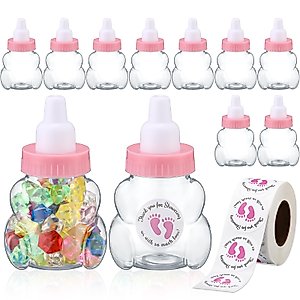 Threlaco 24 Pcs Baby Shower Candy Bottle Bear Candy Bottles 3.15 Inch Pink Shower Favor with Thank You for Showering Stickers Clear Plastic Milk Bottle Baby Shower Party Favor Gifts for Girl