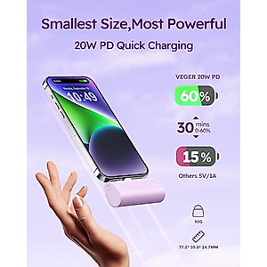 VEGER Mini Portable Charger for iPhone, 5000mAh 20W PD Fast Charging Battery Pack, Cordless Portable External Backup Charger Compatibel with iPhone 14, 13, 12, Airpods