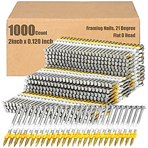 Therwen Framing Nails, 21 Degree, Flat D Head, Galvanized, Ring Shank, Plastic Row Fixed, 21 Degree Framing Nails for Use in All Pressure Treated Lumber (1000 Count,2 Inch x 0.12 Inch)