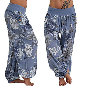 Andongnywell Women Print Wide Harem Pants Hippie Boho Loose Pocket Button Harem Pants High Waist Baggy Beach Pants (Blue,Small)