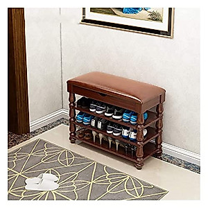 ALDEPO Shoe Cabinet Multi-Layer Solid Wood Shoe Changing Stool Retro Sitting Shoe Rack Large Capacity Home Storage with PU Leather Seat Save Space Corridor Bathroom Office Shop