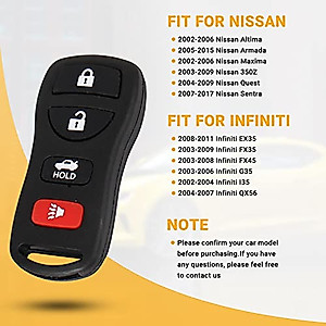 Car Key Fob Keyless Entry Remote Compatible with Nissan Altima/Armada/Maxima/350Z/Quest/Sentra/Infiniti EX35/FX35/ FX45/ G35/I35/QX56 2002-2017 KBRASTU15 4 Button Replacement Key-2 Packs