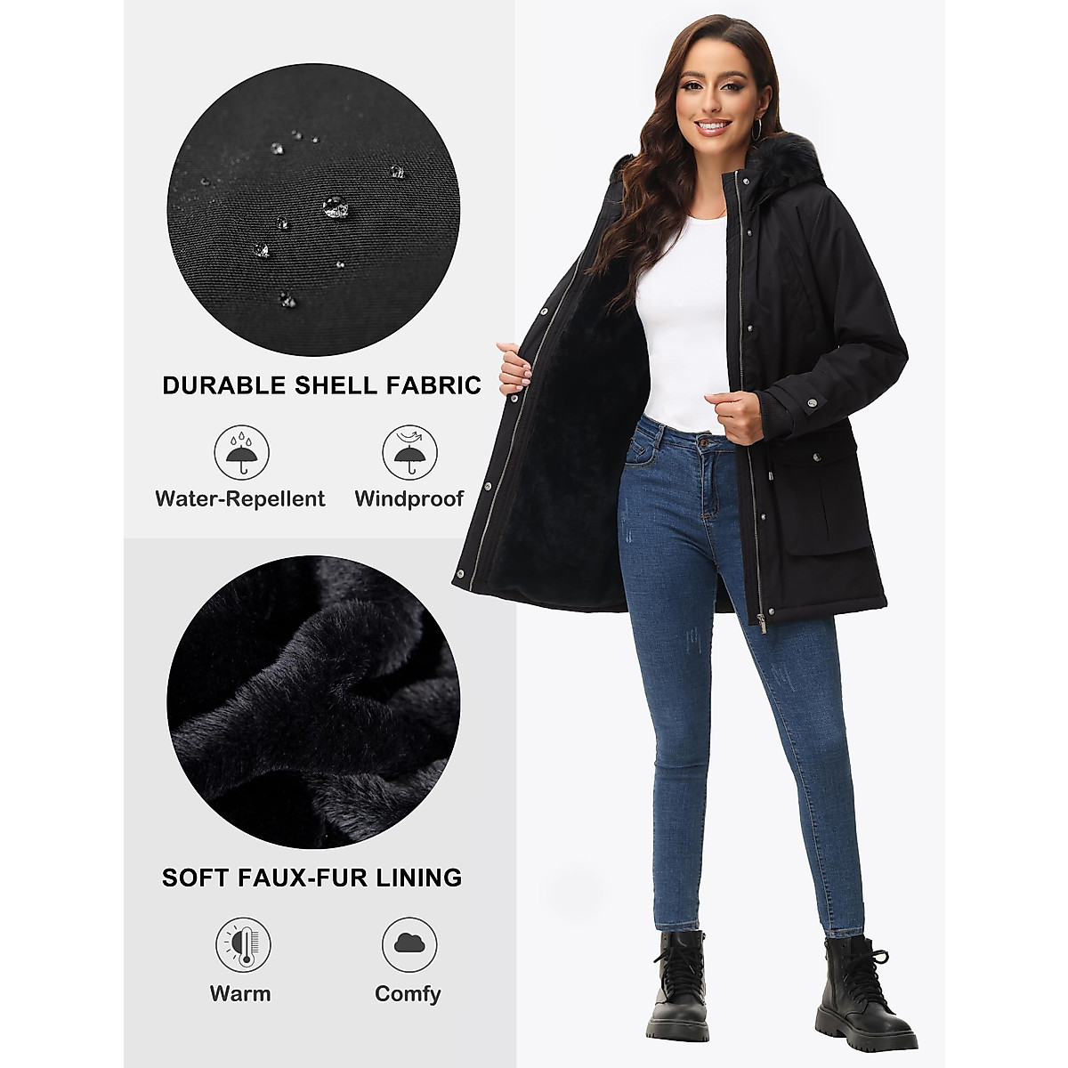 ROYAL MATRIX Women's Parka Coat Winter Warm Parka Jacket Fleece Lined Parka Coat Long Winter Coat with Hood (Black, Medium)