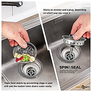 Highcraft 9763 Kitchen Sink (3-1/2 Inch) Stainless Steel Drain Assembly with Strainer Basket Spin and Seal with Threaded Stopper