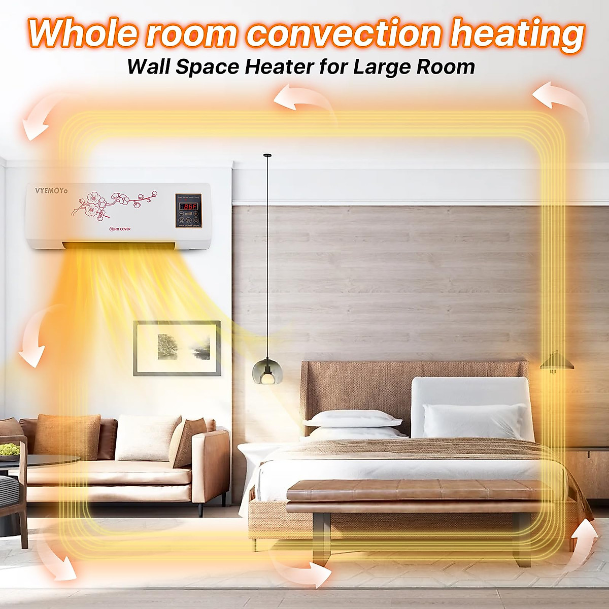 Wall Heater, Electric Space Heater for Bedroom 1400W Electric Heater, LED Display, Adjustable Thermostat, Timer, Safety Protection, Quiet Fan-less Design