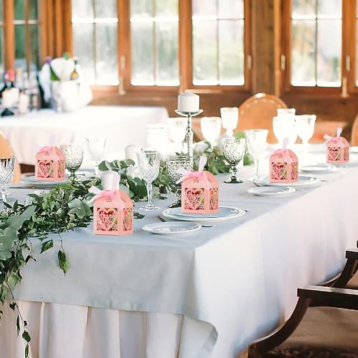 12TEN 50 Pack Thank You Gift Boxes for Wedding Party Favors Boxes Laser Cut boxes Party Favor Box Small Gift Boxes for Wedding Baby Shower Birthday Party with Ribbons, 55 Free stickers (Pink)