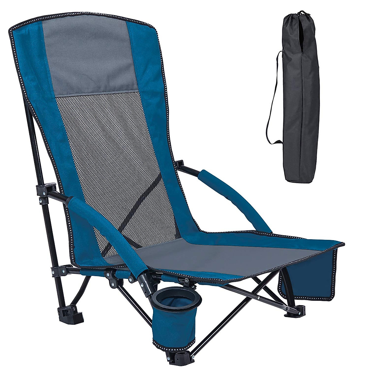 XGEAR High Back Low Seat Folding Beach Chair with Cup Holder and Carry Bag, Mesh Back Sand Chair for Beach, Lawn, Camping, Travel, Support Up to 300 lbs (1chair Blue)