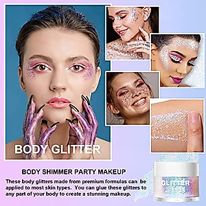 Holographic Body Glitter Gel, Ultra Fine Glitter Gel for Face, Hair, Body, Nail, Eyeshadow, Long Lasting Waterproof Laser Glitter Gel Festival Party Rave Accessories for Women, 1.35 oz (#1 White)