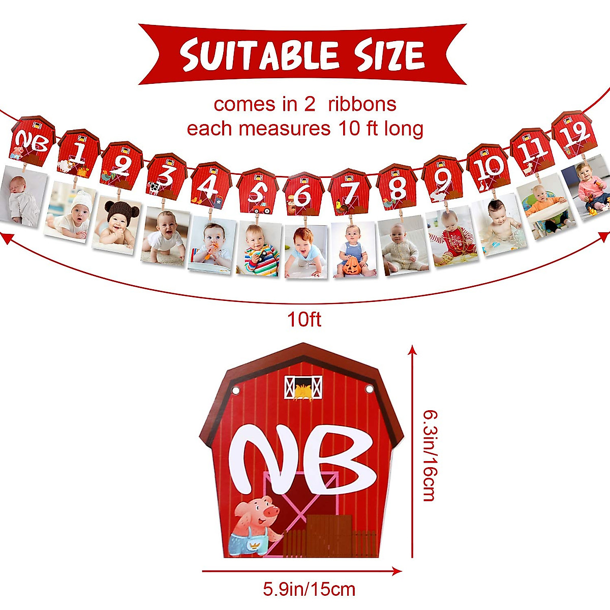 Farm Animal Theme Photo Banner 1st Birthday Monthly Banner Newborn to 12 Month Photo Display Milestone Photograph for Barnyard First Birthday Party Decorations Supplies