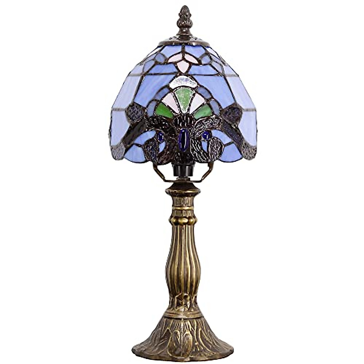 RHLAMPS Small Tiffany Lamp Mini Accent Table Lamp Blue Stained Glass Baroque Style Desk Memory Lamp Sympathy 6X14.6 Inch