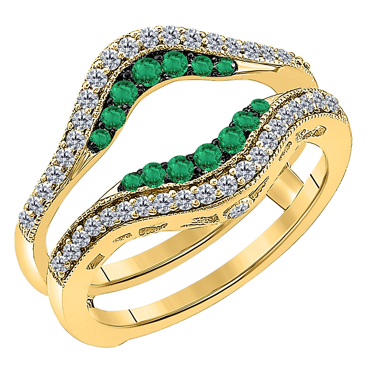 Jewelryhub 14k Yellow Gold Plated Sterling Silver Double Row Pave Set Classic Style Halo Engagement Wedding Enhancer Ring Guard with CZ Green Emerald