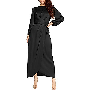 PINUPART Women's Elegant Long Sleeve Wedding Guest Satin Bridesmaid Maxi Dress XLarge Black