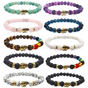 Jewdreamer 10Pcs 8mm Chakra Bead Bracelet Elephant Gifts for Women Men Natural Stone Bead Bracelets Lava Rock Reiki Crystals Yoga Bracelets