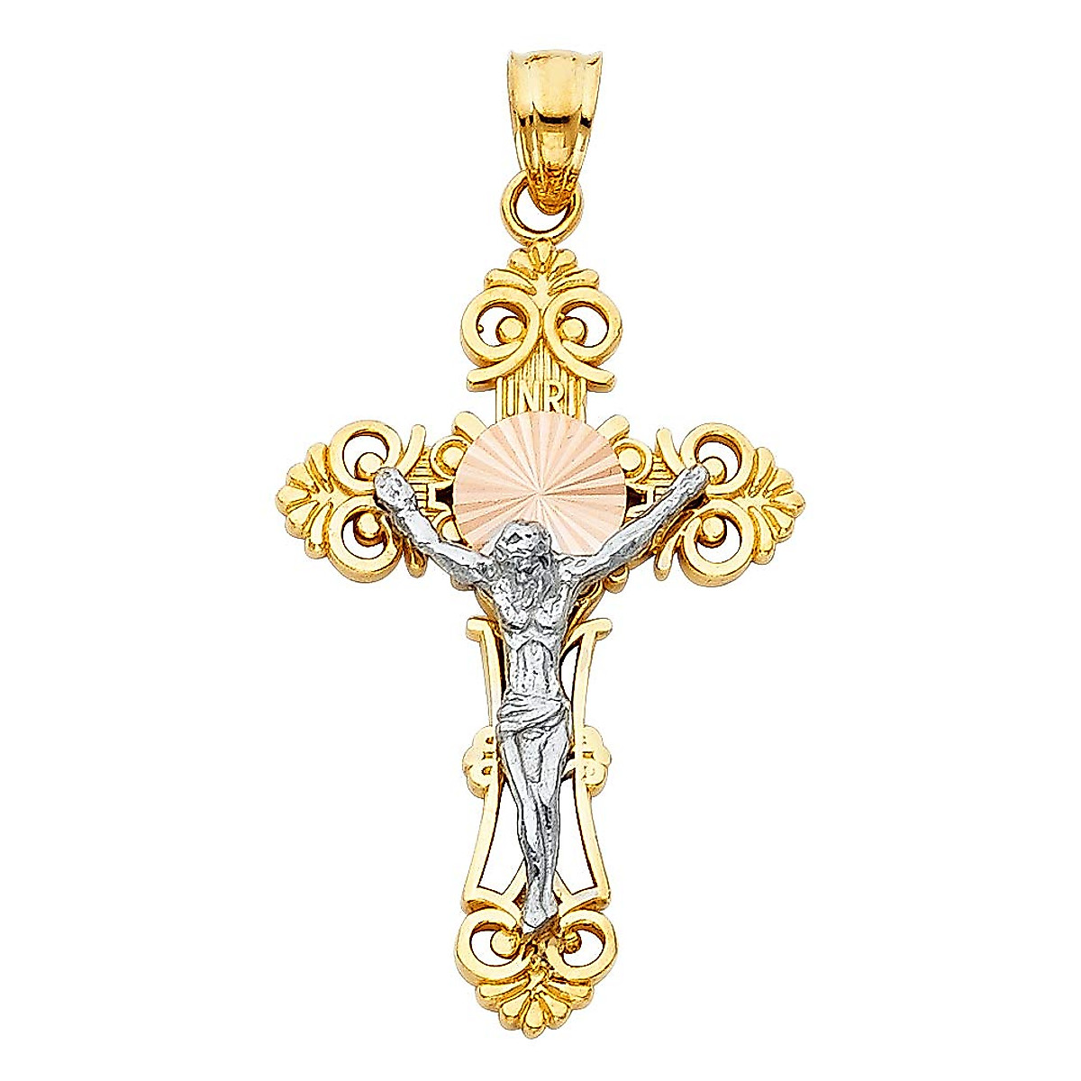 Wellingsale 14K Tri 3 Color Gold Polished Diamond Cut Religious Catholic Gothic Crucifix Charm Pendant