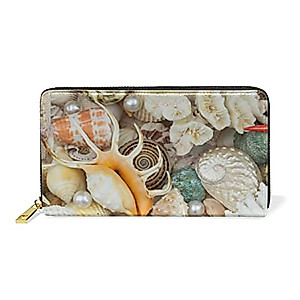 Tropical Seashells, Pearls, Corals and Starfishes Sea Life Leather Long Wallet Organizer with Zipper Purse Clutch Bag for Women Men Key Card Coin Passport Checkbook