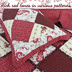 Cozy Line Home Fashions 100% Cotton True Patchwork Reversible Red Floral Paisley Rag Ruffle Farmhouse Quilt Bedding Set, Coverlet Bedspread (Rose Vintage, King - 3 Piece)