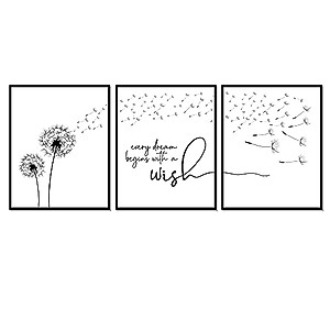Every Dream Begins With A Wish Dendelion Wall Art Bedroom Nursery Decor Dandelion Print Best Friend Gift Living Room Wall Decor, Set of 3, UNFRAMED 11X14INCH