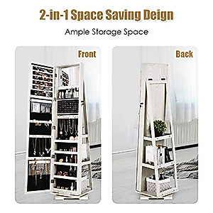 MAT EXPERT 360 Rotating Jewelry Armoire with Mirror, Freestanding Jewelry Storage Mirror w/78 Ring Slots, 24 Necklace Hooks, 120 Earring Slots, Lockable Standing Jewelry Organizer for Makeup (White)