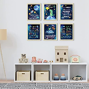 Dinosaur Outer Space Education Number Alphabet Posters Wall Art Prints,Planet Rocket UFO Painting for Nursery Kids Bedroom Classroom Decor Baby Kids Room Decorations,Set of 6(8''x10''inches, Unframed).