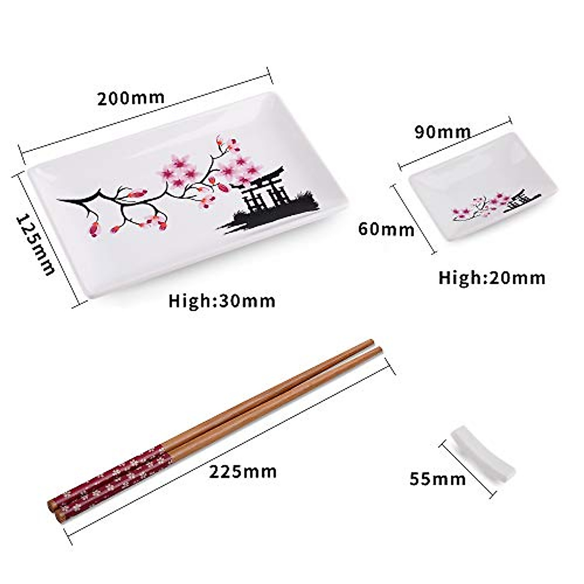 Panbado 8 pcs Sushi Plate Set, Porcelain Sushi Sets Japanese Style, Gift Box Include 2 X Sushi Plates(240 ml), 2 X Dip Bowls(60 ml), 2 X Chopstick Rest, 2 Pairs of Bamboo Chopsticks