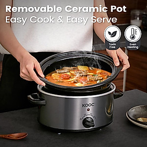 KOOC 4 Quart Slow Cooker, Free Liners Included for Easy Clean-up, 3 Temperature Settings, Dishwasher Safe Crock, Stainless Steel, GREY, Ellipse