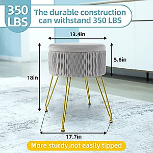 GERANT Velvet Storage Ottoman Vanity Stools - Multifunctional Upholstered Pleated Round Footrest with Golden Metal Legs,Removable Coffee Table Top Cover,Suitable for Living Room,Bedroom(Gray)