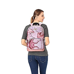 MOSISO 15.6-16 inch 20L Laptop Backpack for Women Girls, Polyester Anti-Theft Casual Daypack Bag with Luggage Strap&USB Charging Port, Travel Business College School Bookbag, Marble MO-MBH216, Pink