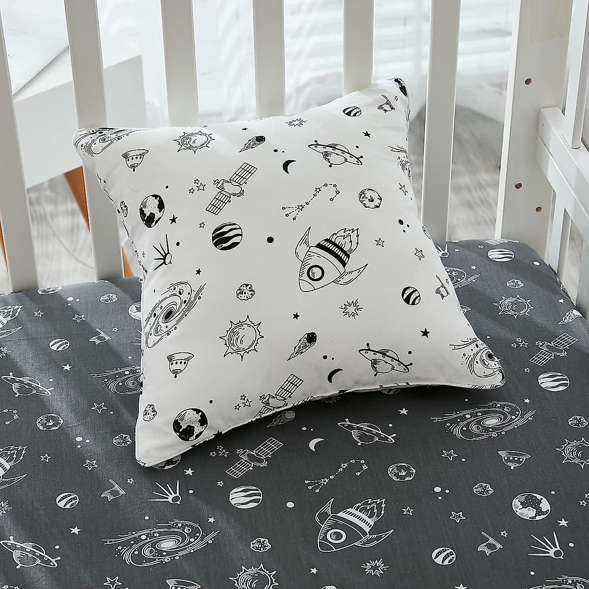 Brandream Milky Way Space Galaxy 3-Piece Baby Boy Girl Nursery Crib Bedding Set with Spaceship Rocket Theme - Black and White Bedding