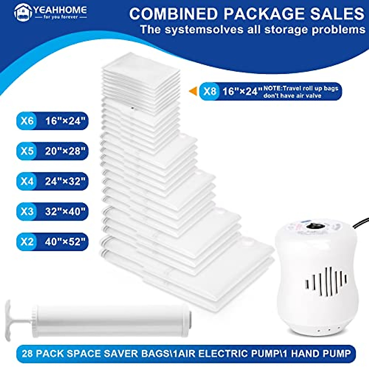 Yeahhome 30 Combo Include 1 Electric Air Pump/1 Hand Pump/28 Vacuum Storage Bags, Space Saver Bags(2pcs40"x52"/3 Jumbo/4 Large/5 Medium/6 Small/8 Roll) Compression Storage Bags for Comforters, Vacuum Sealer Bags for Clothes, Blanket, Duvets, Pillows,Trave
