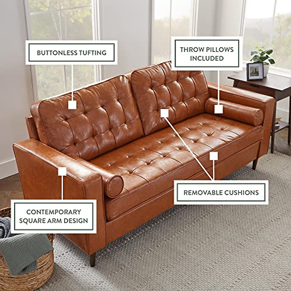 Edenbrook Lynnwood Upholstered Sofa - Couches for Living Room - Camel Faux Leather Couch - Small Couch - Living Room Furniture - Includes Bolster Pillows