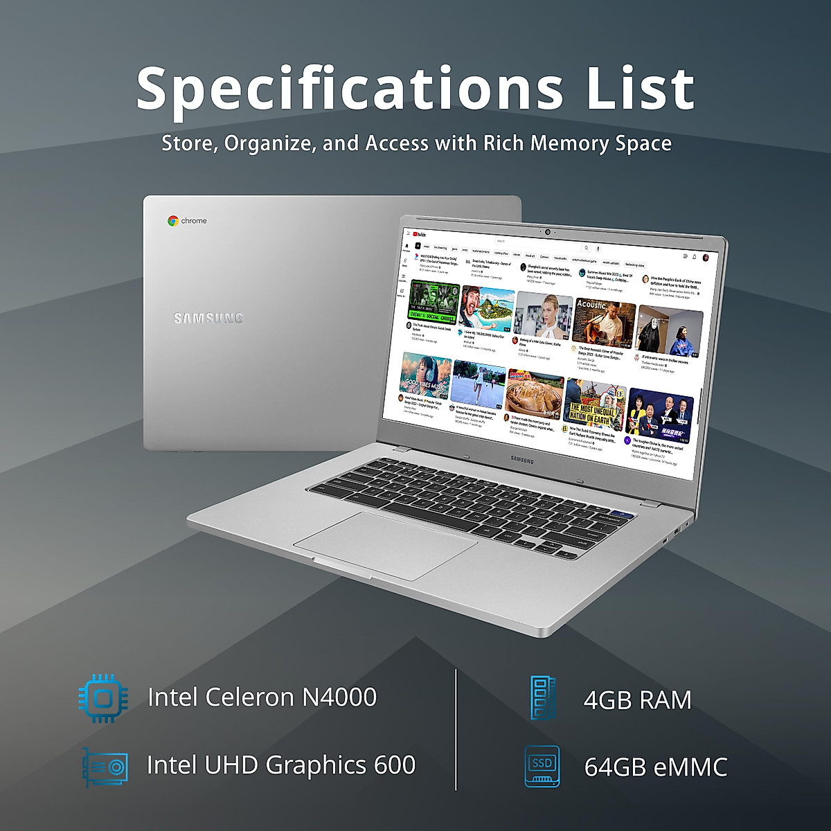 Samsung 4+ Chromebook Laptop, 15.6" FHD LED Display, Intel Celeron N4000, 4GB RAM, 64GB eMMC, HD Webcam, Wi-Fi 5, Bluetooth, Chrome OS, Platinum Titan, 32GB Hotface USB Card