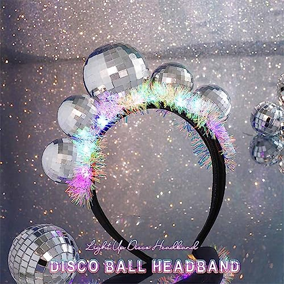 Catery Disco Ball Headband Light Up Headband Disco Headpiece Silver Mirror Ball Head Bopper Hair Hoop Headband Disco Party Costume 1970s Disco Hair Accessories for Women and Girls
