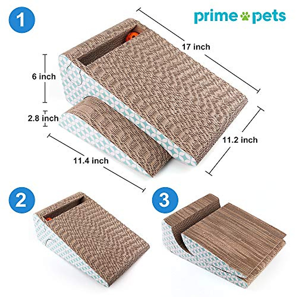 PrimePets Cat Scratcher Cardboard, Cat Scratching Pad with Ball, 2-in-1, Cat Scratch Cat Scratching Board for Indoor Cats, Removable, Corrugated, Catnip Included